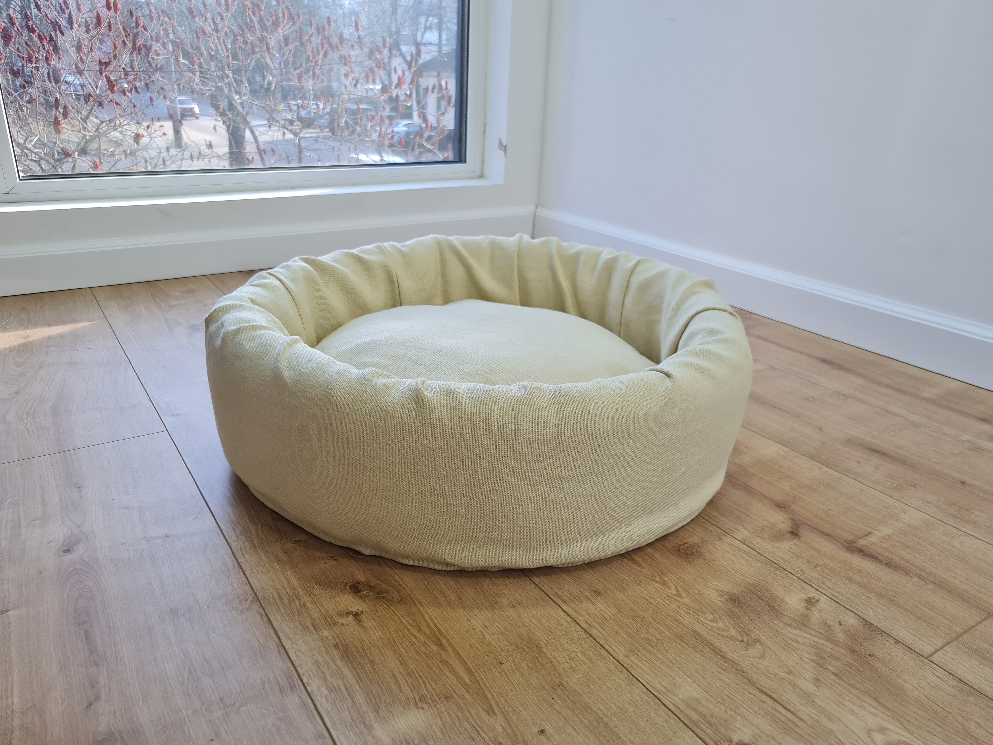 Unique Round Hemp Linen Pet Bed Cot with Removable Washable Natural li ...